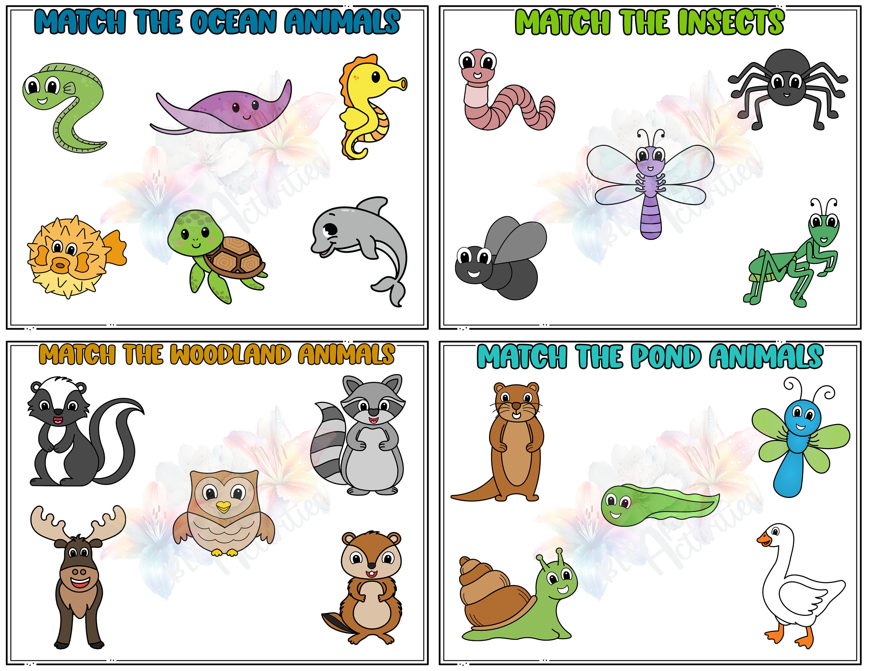 Match the Animals Activity Mats Bundle - Zoo/farm/ocean/insects ...