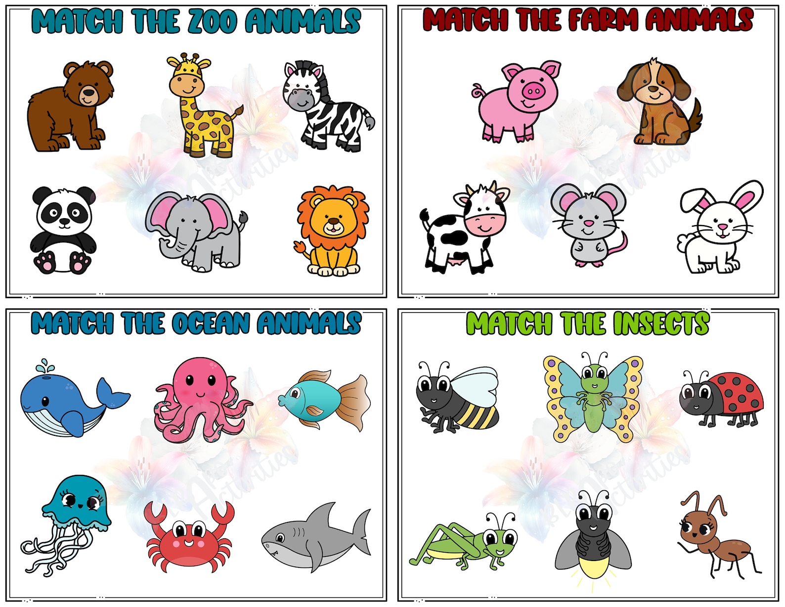 Match the Animals Activity Mats Bundle - Zoo/farm/ocean/insects ...