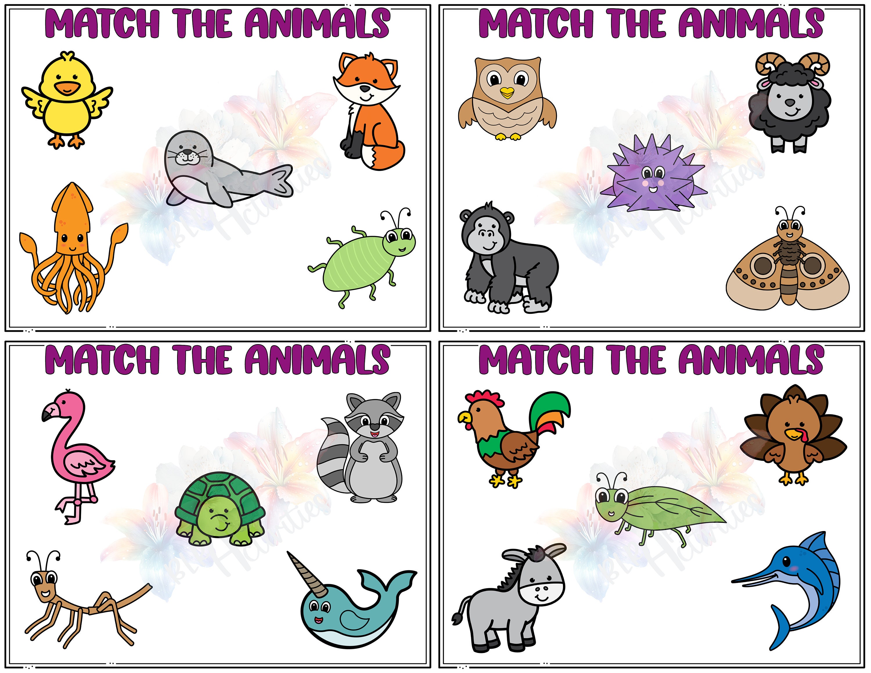 Match the Animals mixed Activity Mats Bundle Zoo/farm/ocean/insects ...