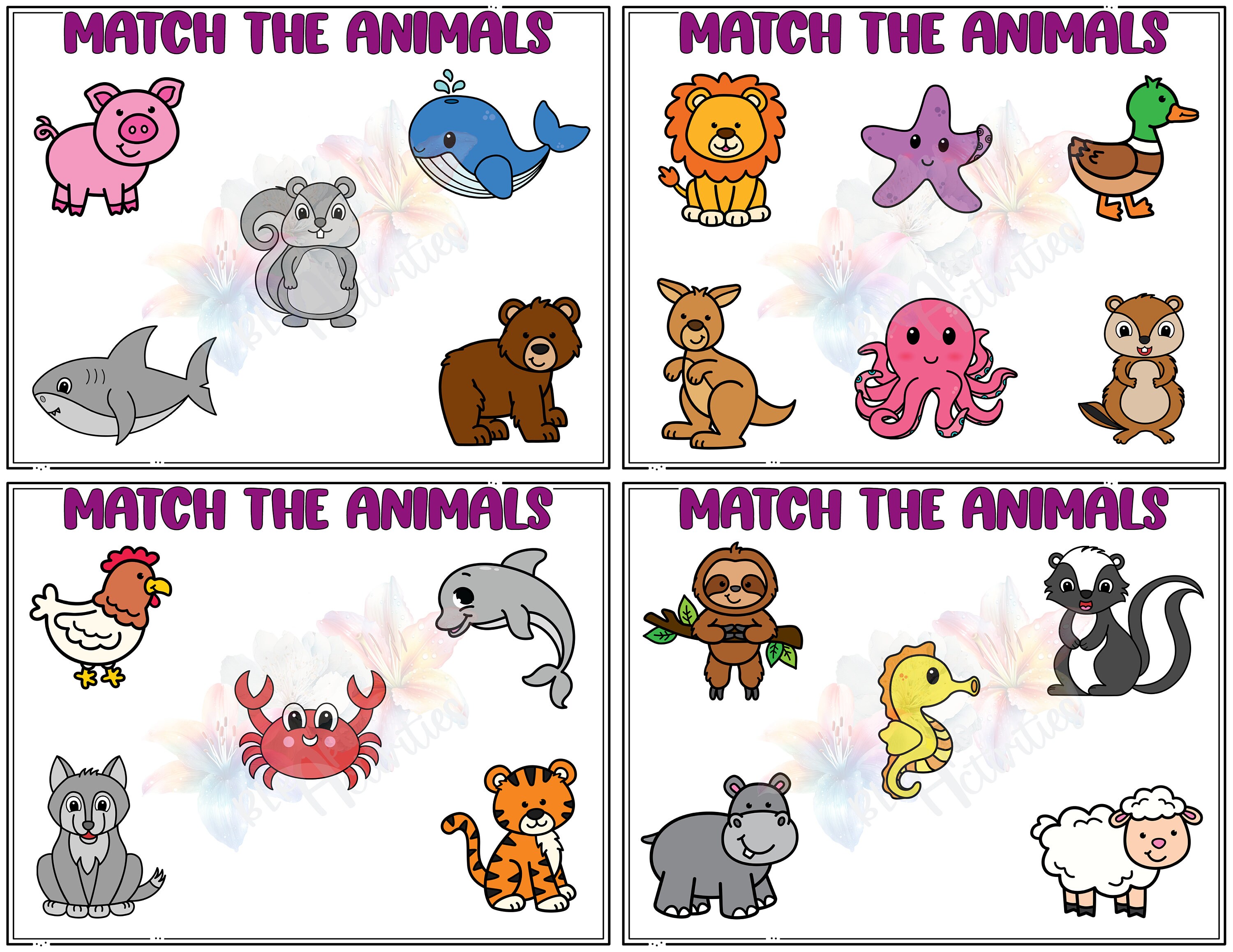 Match the Animals (mixed) Activity Mats Bundle - Zoo/farm/ocean/insects ...