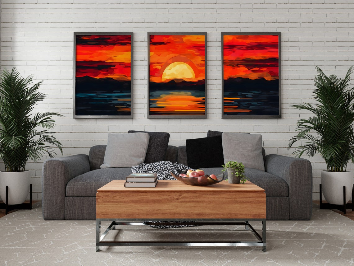 Set of 3 Retro Sunset Art | 3 Piece Retro Style Sunset Digital Painting ...