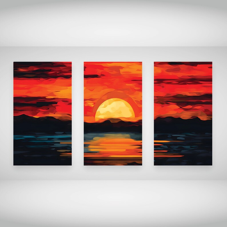 Set of 3 Retro Sunset Art | 3 Piece Retro Style Sunset Digital Painting ...