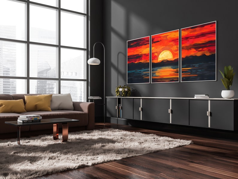 Set of 3 Retro Sunset Art | 3 Piece Retro Style Sunset Digital Painting ...