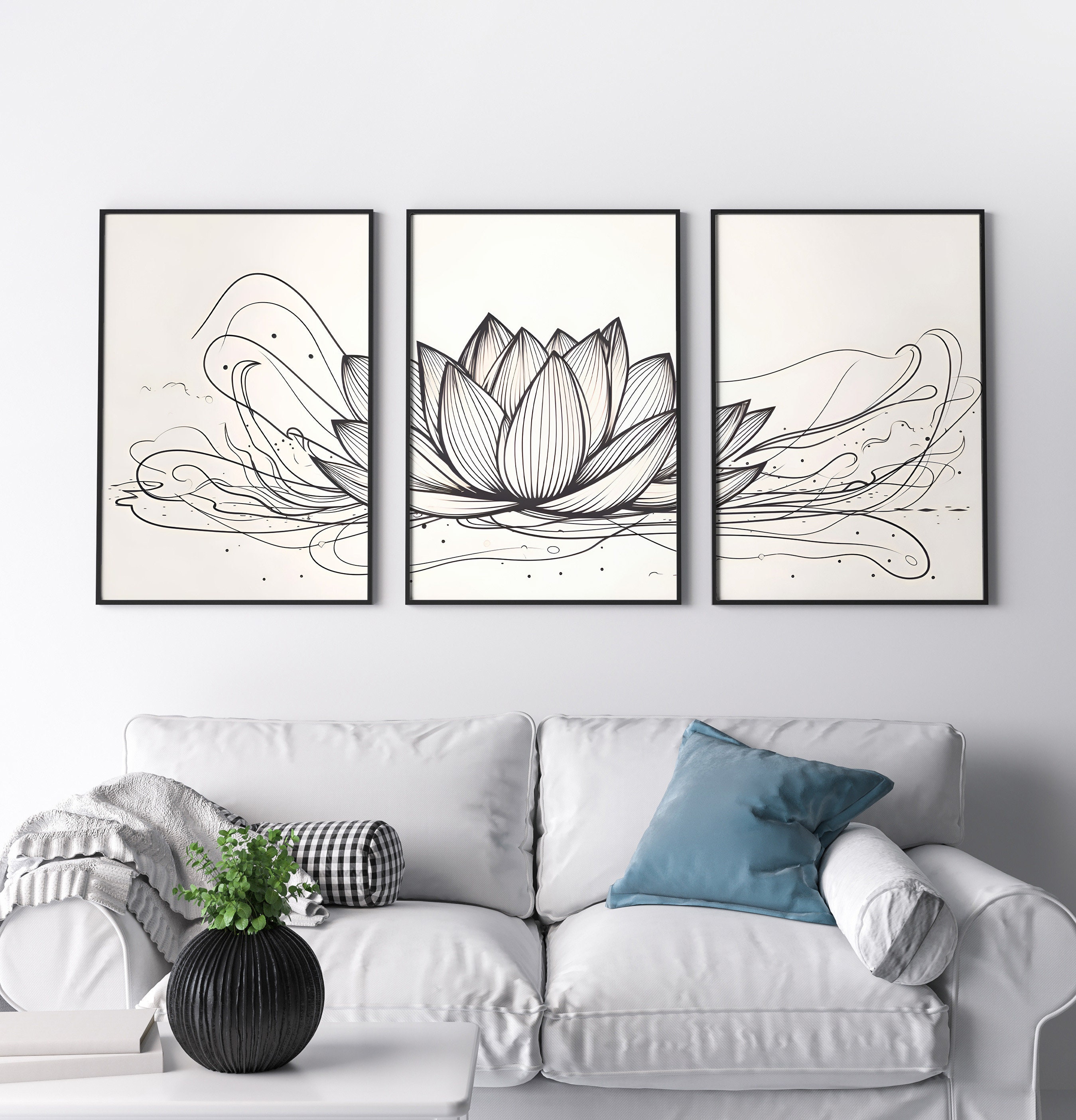 Set of 3 Lotus Flower Line Art| 3 Piece Lotus Flower Digital Painting ...
