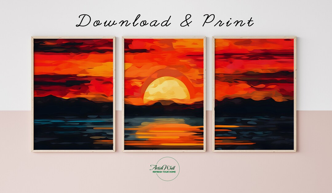 Set of 3 Retro Sunset Art | 3 Piece Retro Style Sunset Digital Painting ...