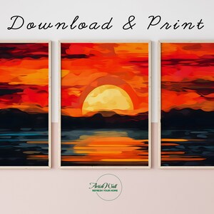 Set of 3 Retro Sunset Art | 3 Piece Retro Style Sunset Digital Painting ...