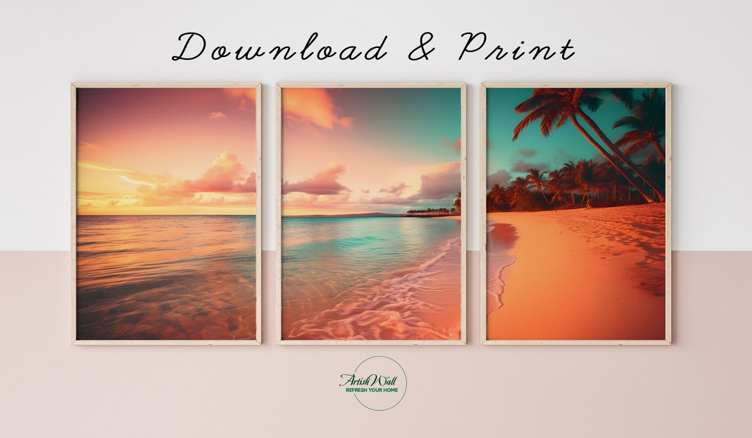 Set of 3 Tropical Beach Sunset Art | 3 Piece Tropical Digital ...