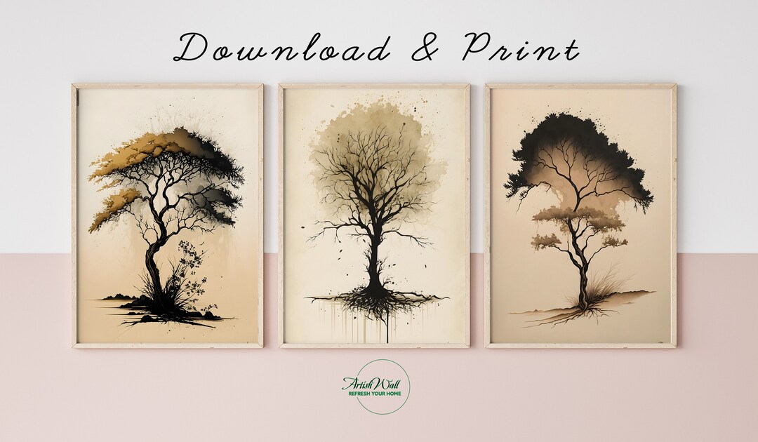Set of 3 Trees Wall Art 3 Piece Trees Digital Painting Modern Triptych ...