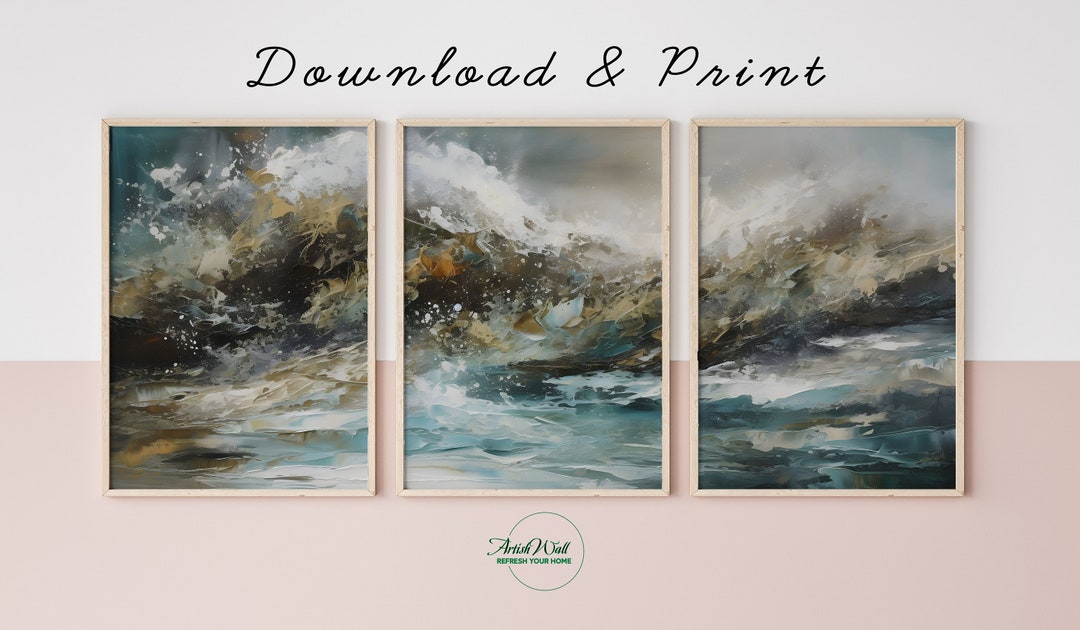 Set of 3 Abstract Ocean Waves Paintings Art | 3 Piece Waves Digital ...