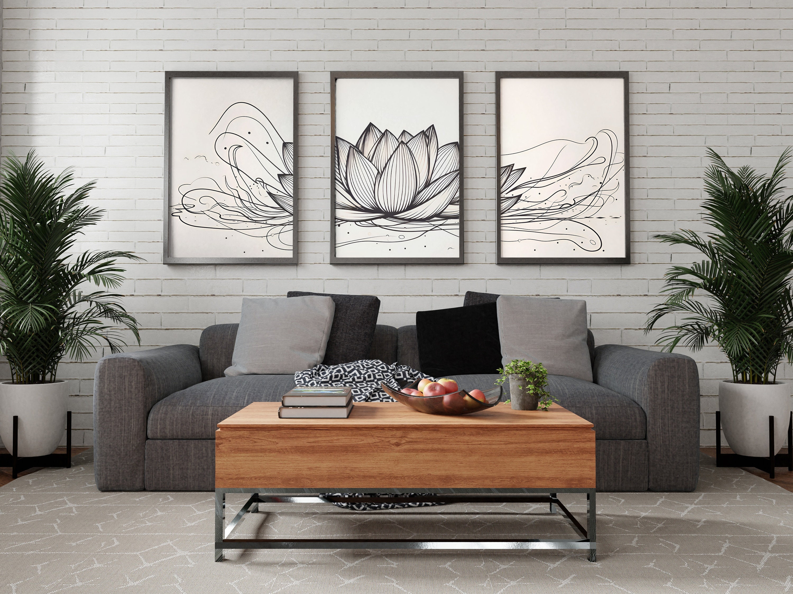 Set of 3 Lotus Flower Line Art| 3 Piece Lotus Flower Digital Painting ...