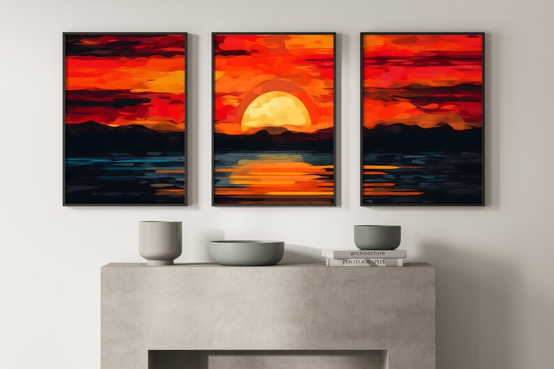 Set of 3 Retro Sunset Art | 3 Piece Retro Style Sunset Digital Painting ...