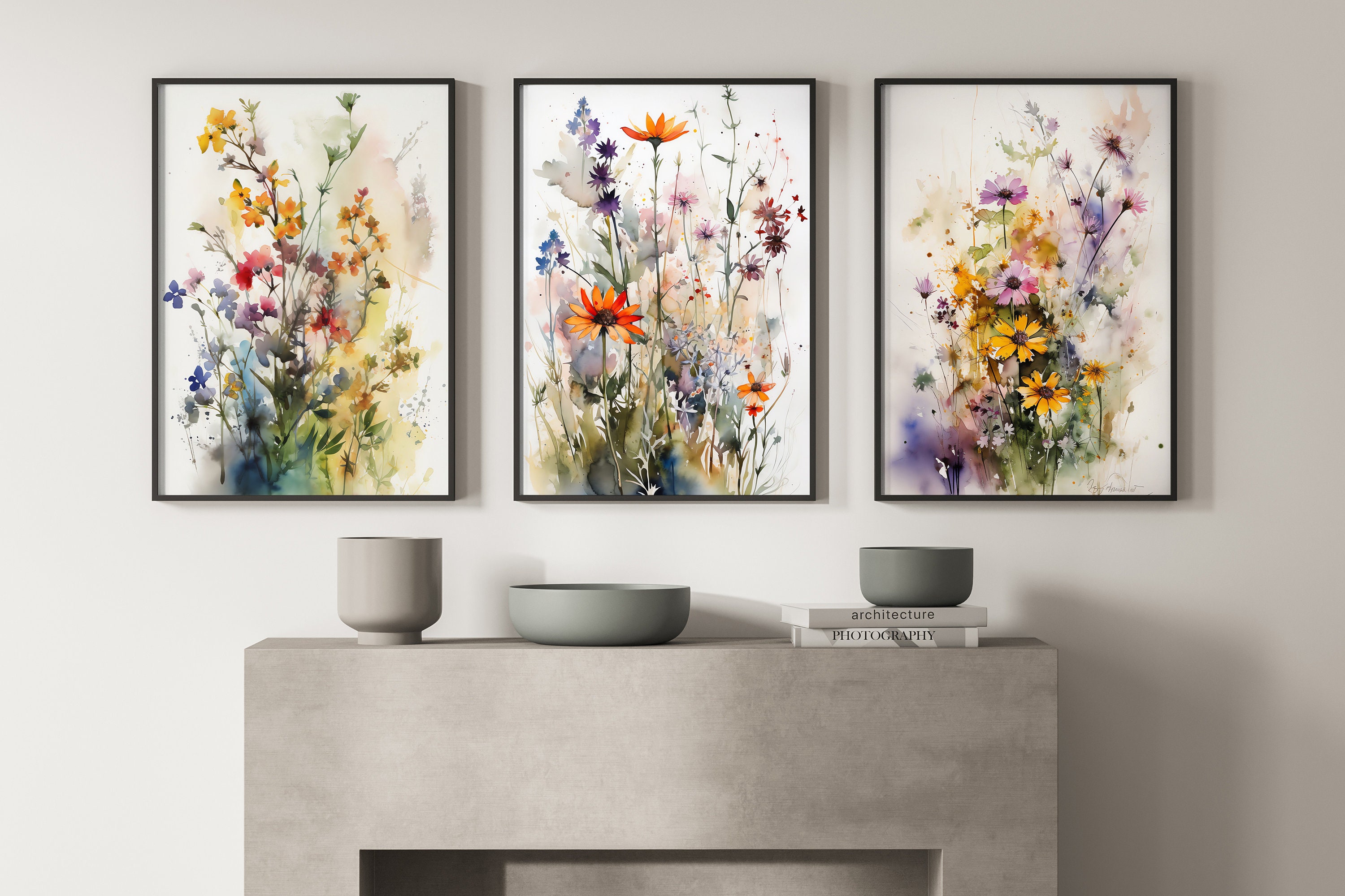 Set of 3 Wild Flowers Watercolor Art 3 Piece Flowers Digital Painting ...