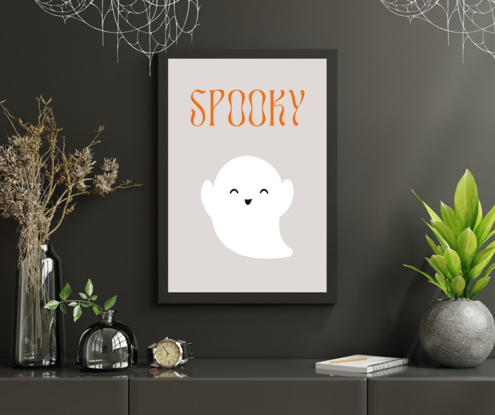 Spooky Friendly Ghost Digital Print Halloween Beige & Orange Wall Art ...
