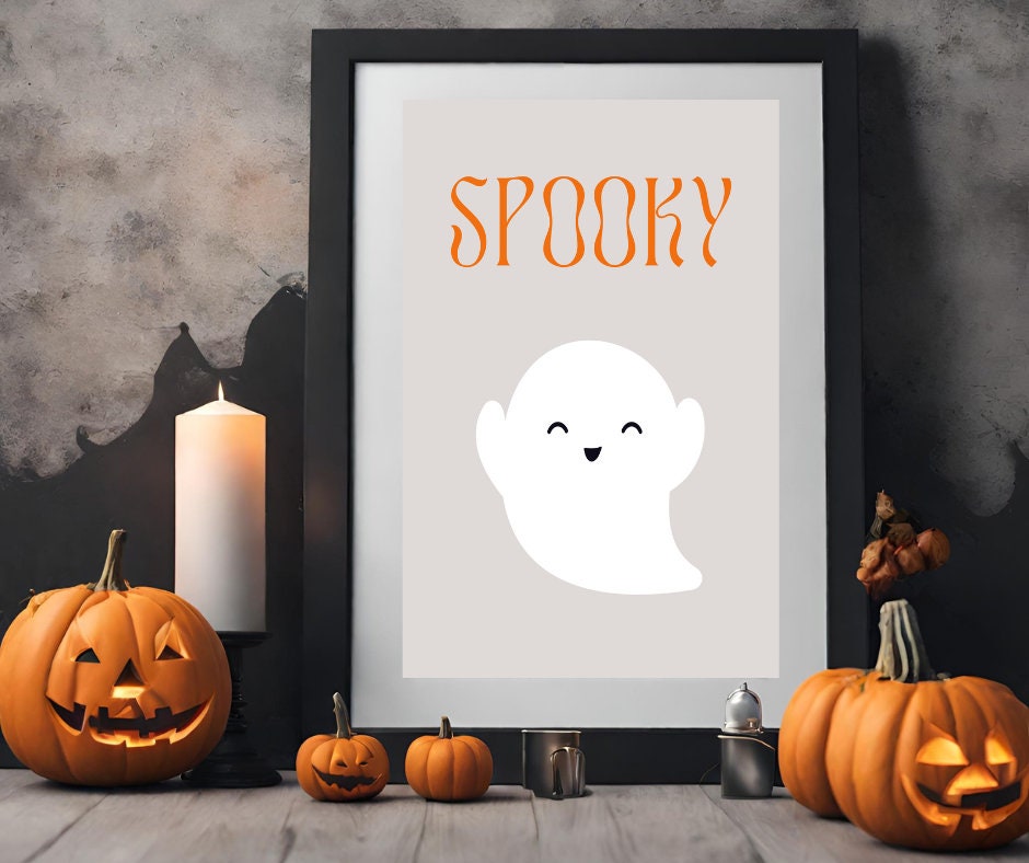 Spooky Friendly Ghost Digital Print Halloween Beige & Orange Wall Art ...
