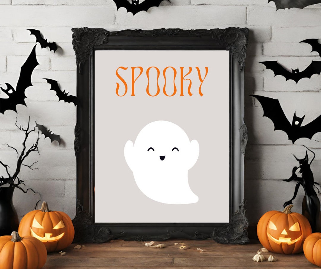Spooky Friendly Ghost Digital Print Halloween Beige & Orange Wall Art ...