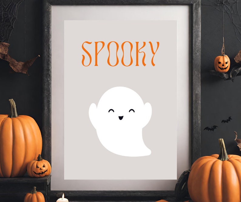 Spooky Friendly Ghost Digital Print Halloween Beige & Orange Wall Art ...