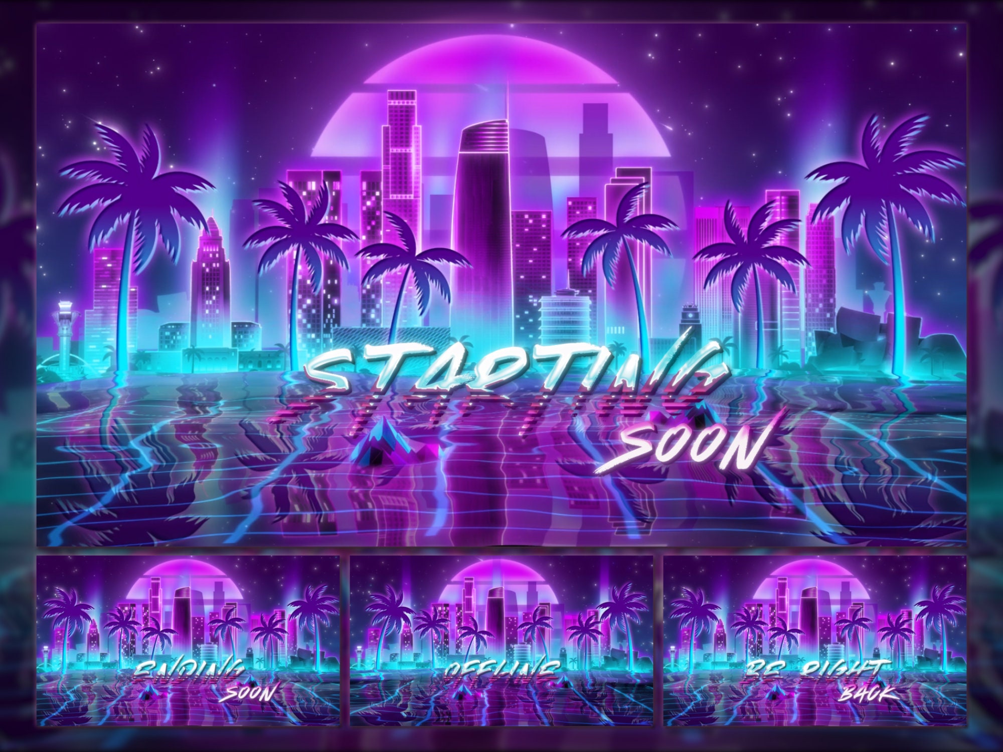 Synthwave Neon City Animated Twitch Overlay Pack | Retro Stream Package ...