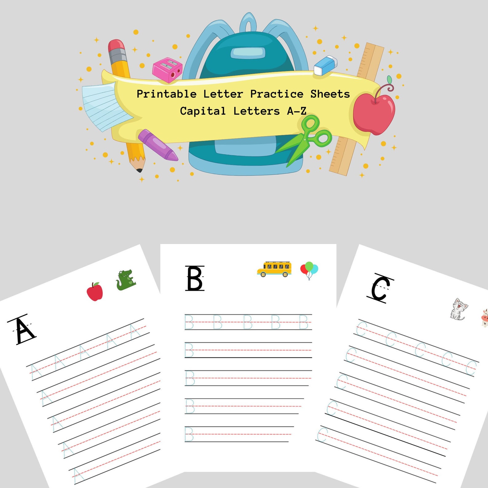 Writing Practice Sheets for Kids. Capital Letters A-Z - Etsy