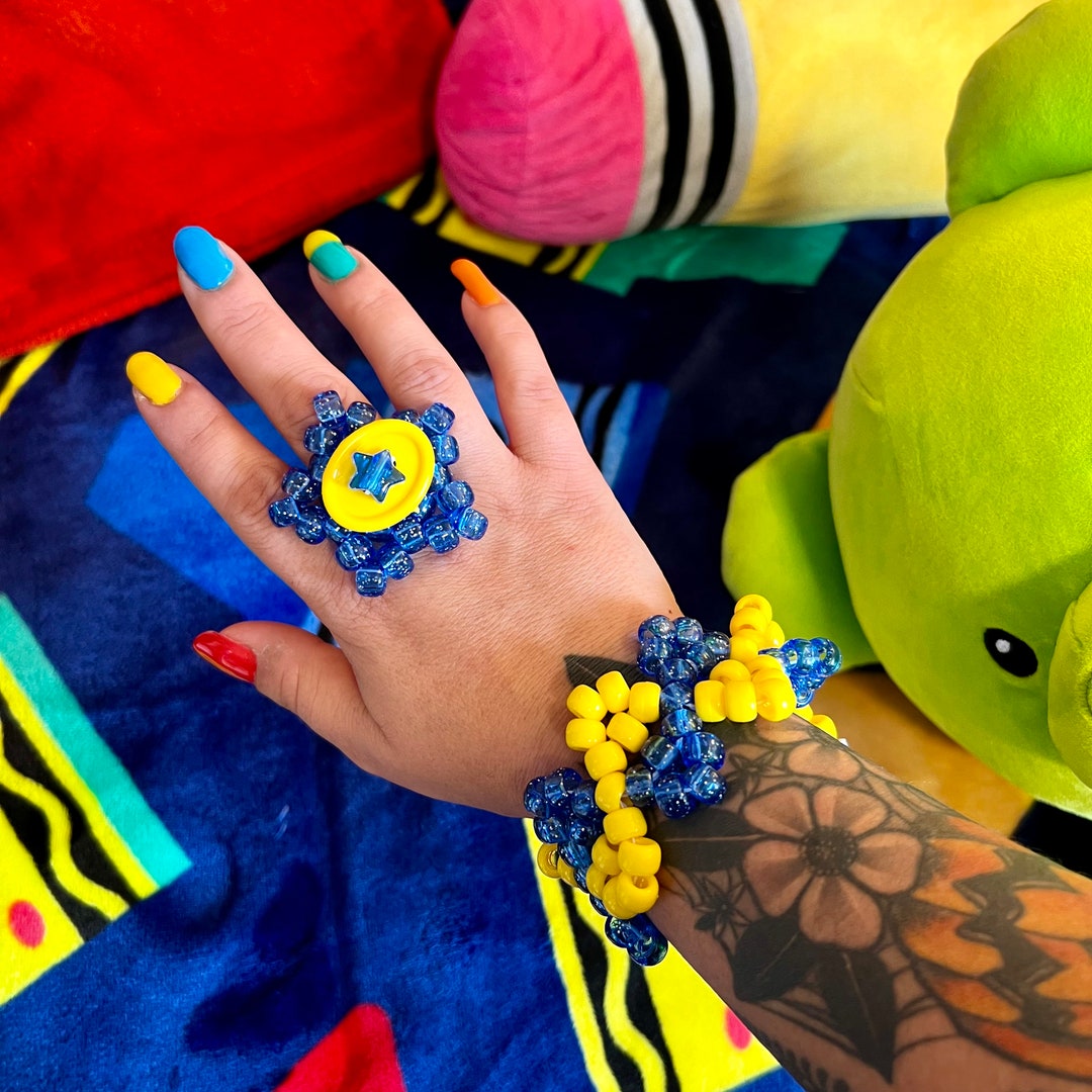 Clown Kandi Cuff and Star Ring Set Blue and Yellow Clowncore Bracelet ...