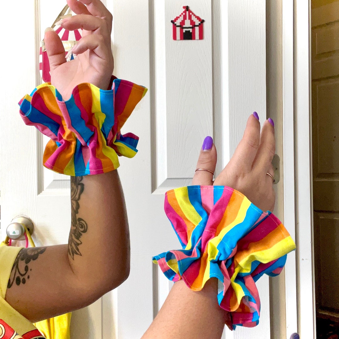Rainbow Striped Fabric Clown Ruffle Cuffs Bracelet Set Clowncore ...
