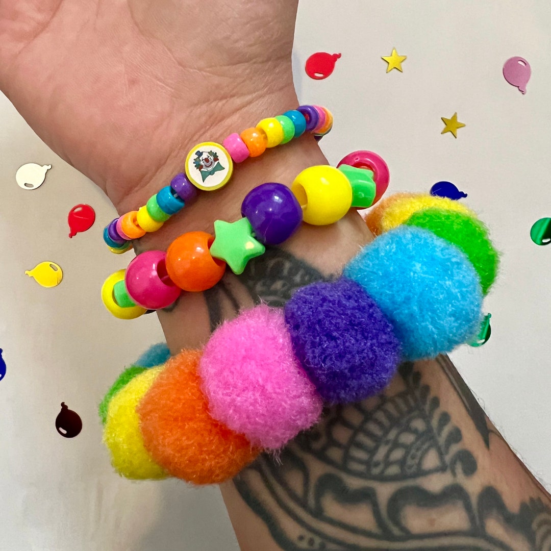 Rainbow Pom Pom Clown Kandi Beaded Bracelet Set Clowncore Accessories ...