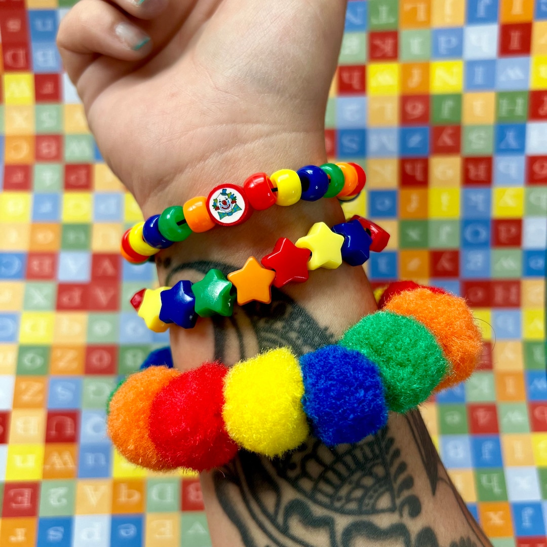Clown Pom Pom Beaded Bracelet Set Clowncore Accessories Jewelry Primary ...