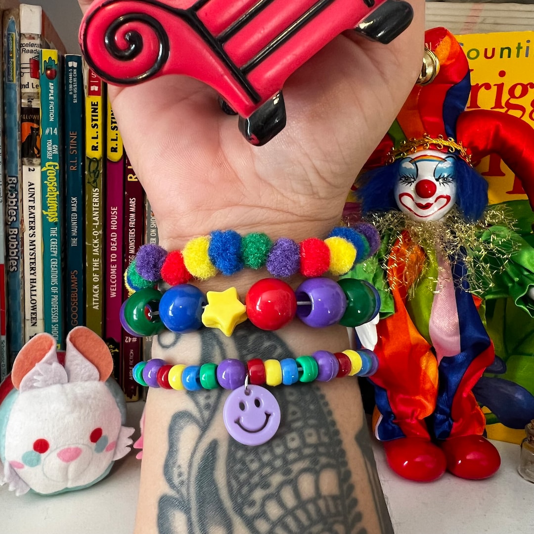Clown Mini Pom Pom Rainbow Kandi Bracelet Set Clowncore Jewelry ...