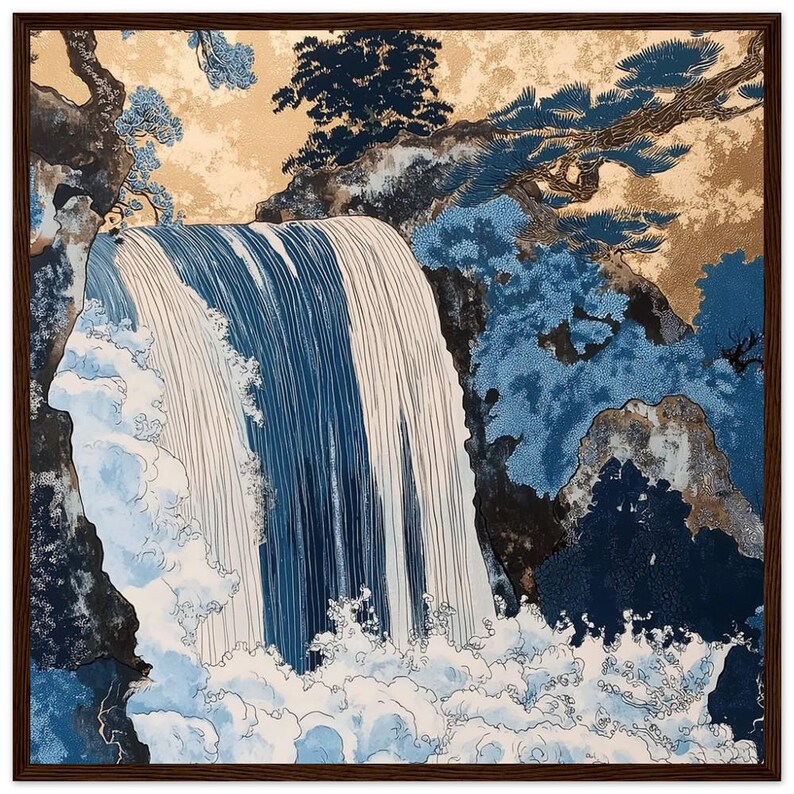 Hokusai Ukiyo-e Japanese Waterfall Wall Art Wooden Poster Print Blue ...