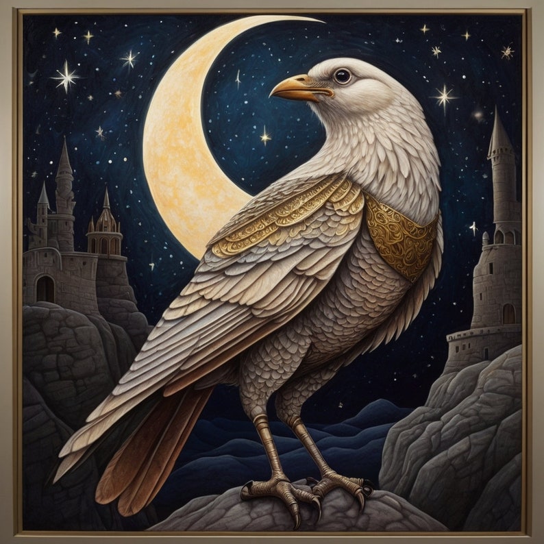Crescent Moon Print Bird With Cresent Moon White Bird Digital Download ...