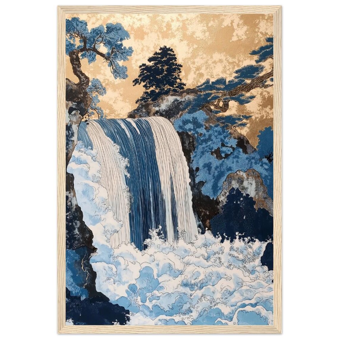 Hokusai Ukiyo-e Japanese Waterfall Wall Art Wooden Poster Print Blue ...