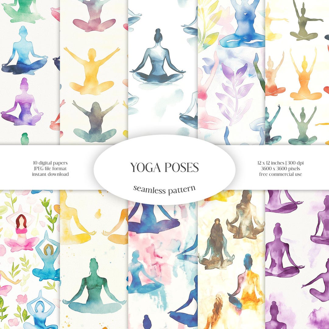 Yoga Poses Watercolor Seamless Pattern | Meditation JPG Digital Paper ...