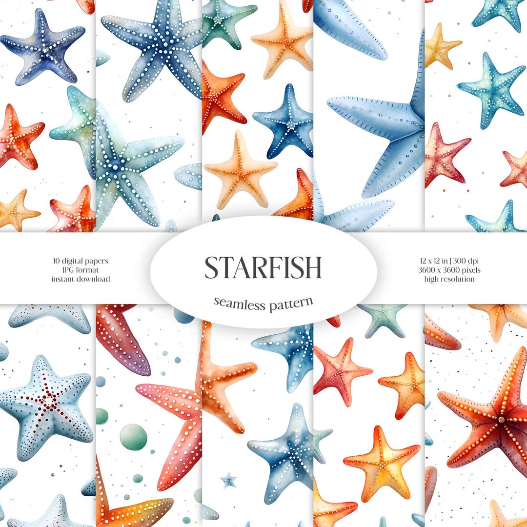 Starfish Watercolor Digital Paper Pack | Sea Star Seamless Pattern JPG ...