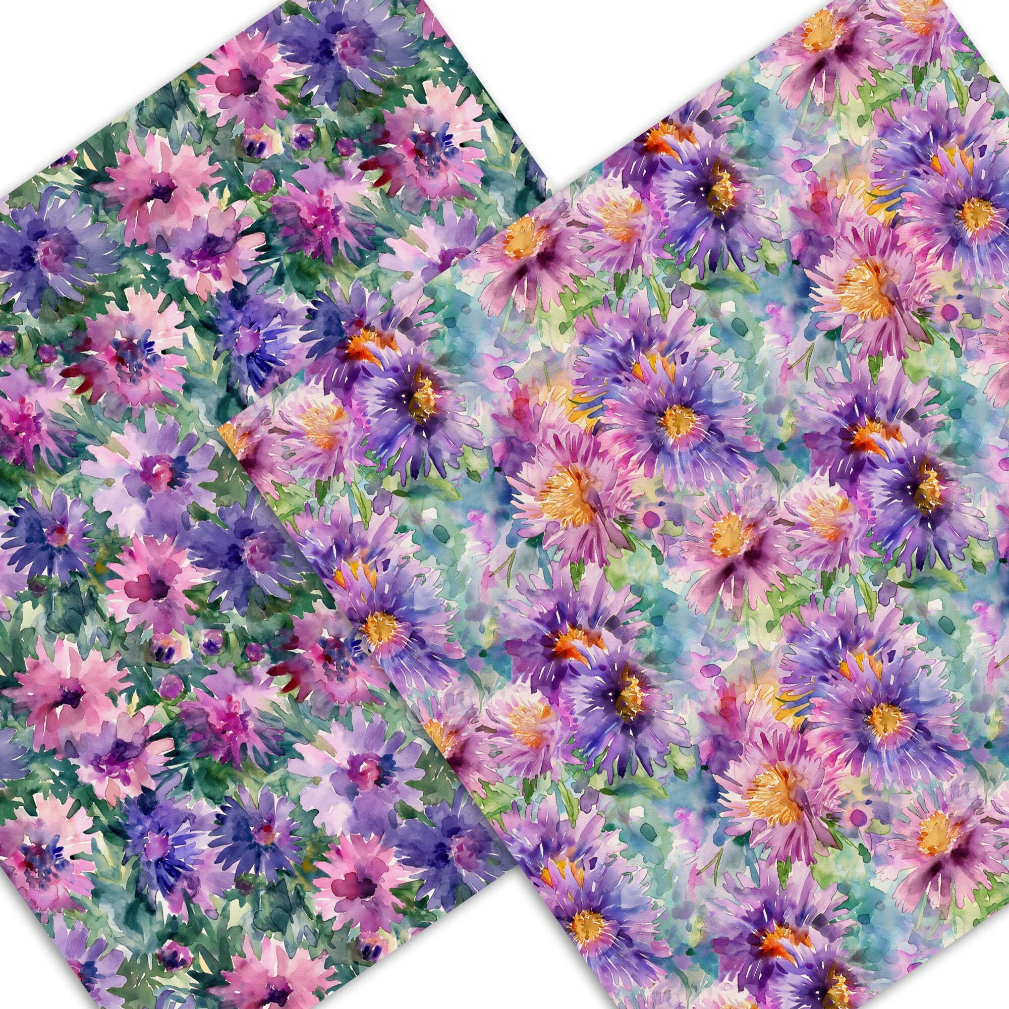 Asters Watercolor Seamless Pattern Floral & Greenery JPG Digital Paper Pack Background Texture ...