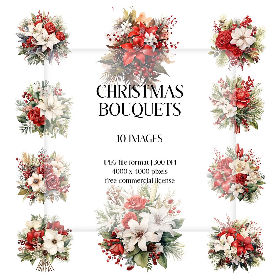 Christmas Bouquets Watercolor Clipart | Floral & Greenery Arrangements ...