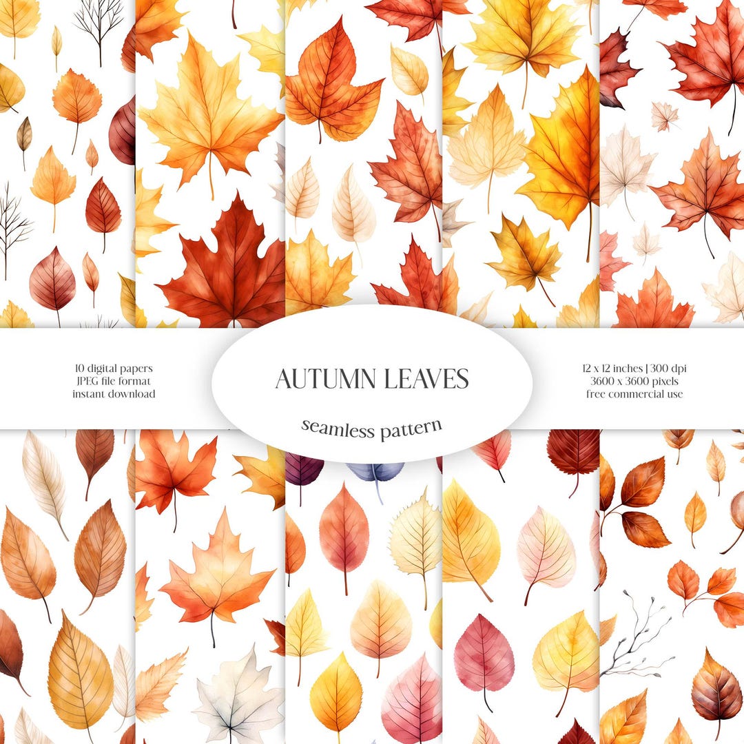 Autumn Leaves Watercolor Digital Paper Pack | Dry Leaf Seamless Pattern ...