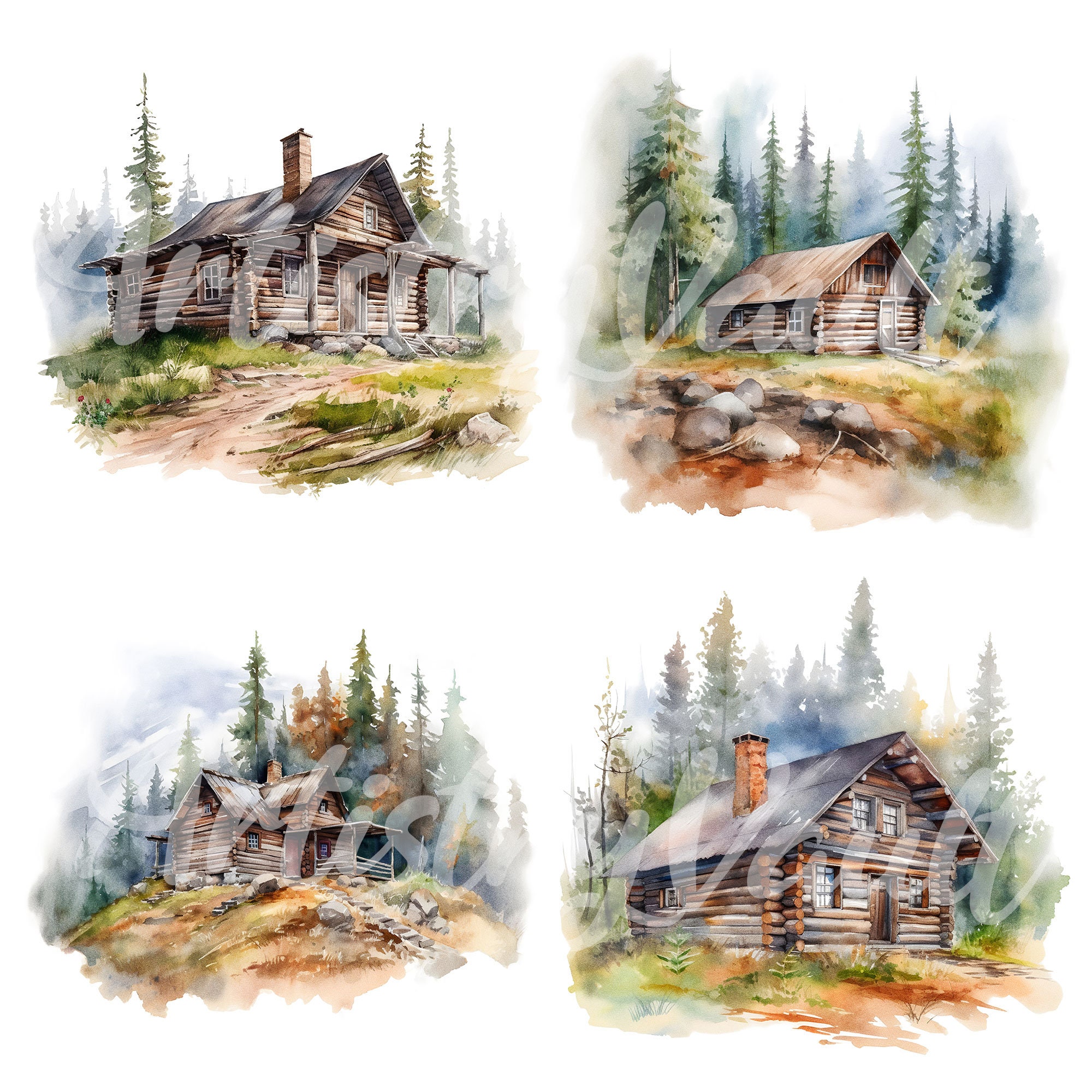Log Cabin Watercolor Clipart Mountain Shack JPG Set Paper - Etsy