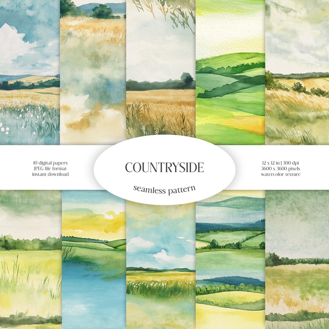Countryside Watercolor Seamless Pattern | Rural Scenery JPG Digital ...