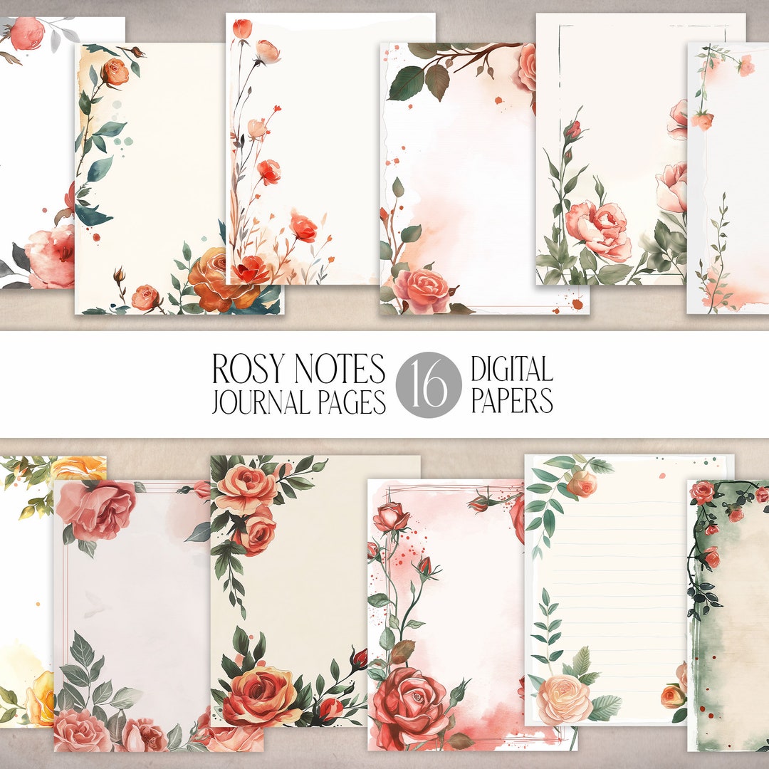 Rosy Notes Watercolor Journal Pages | Floral Scrapbook Digital Paper ...