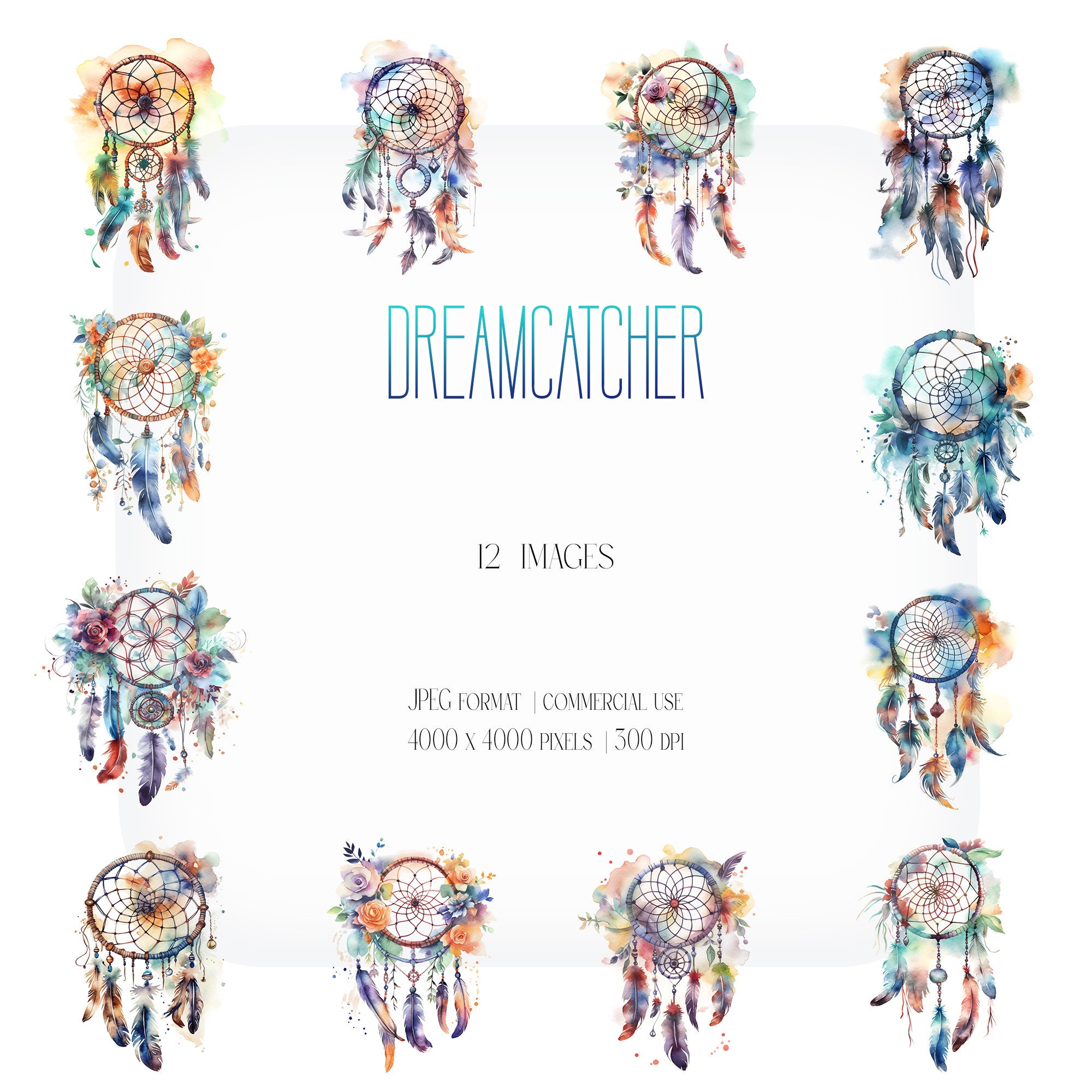 Dreamcatcher Watercolor Clipart Native American Willow Hoop JPG Set ...