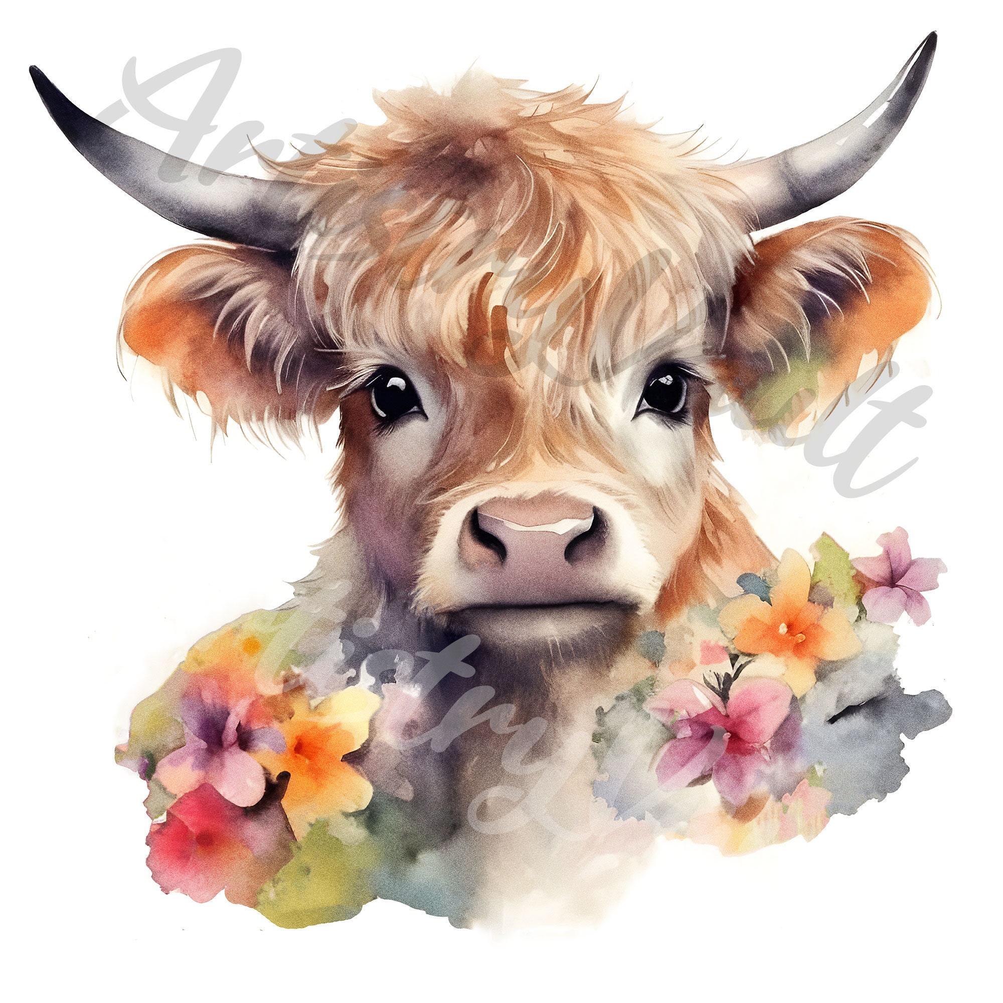 Highland Calf Watercolor Clipart Baby Cow & Flowers JPEG - Etsy
