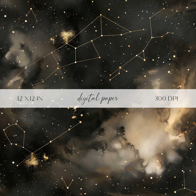 Constellations Watercolor Digital Paper | Night Sky Gold Stars Abstract ...