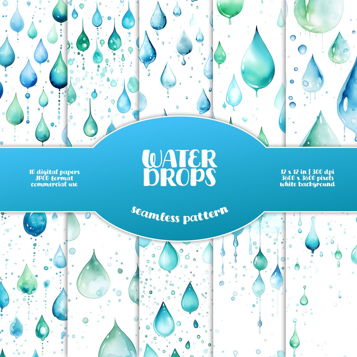 Water Drops Watercolor Digital Paper Pack Rain Droplet Seamless Pattern ...
