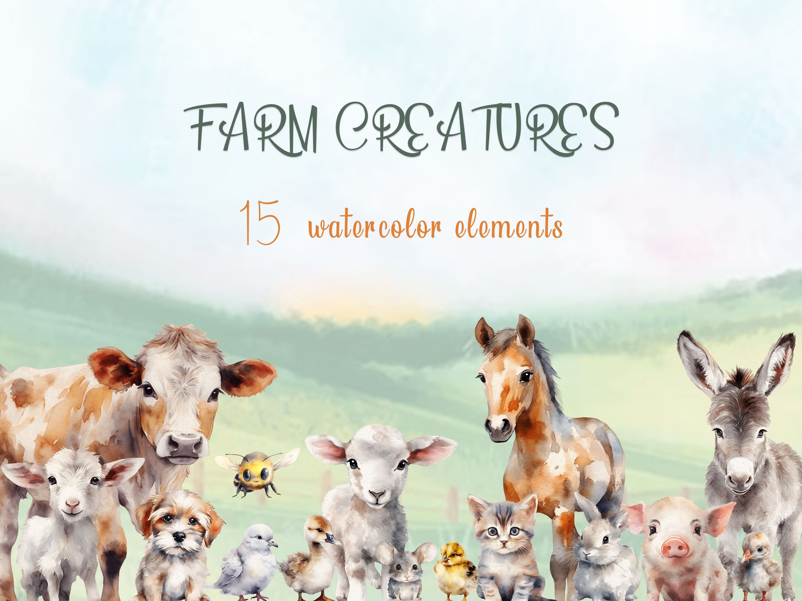 Farm Creatures Watercolor Clipart Baby Animals & Birds PNG - Etsy