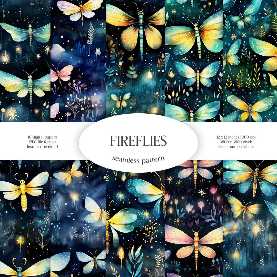 Firefly Watercolor Digital Paper Pack | Lampyridae Insect Seamless Pattern JPG Clipart ...