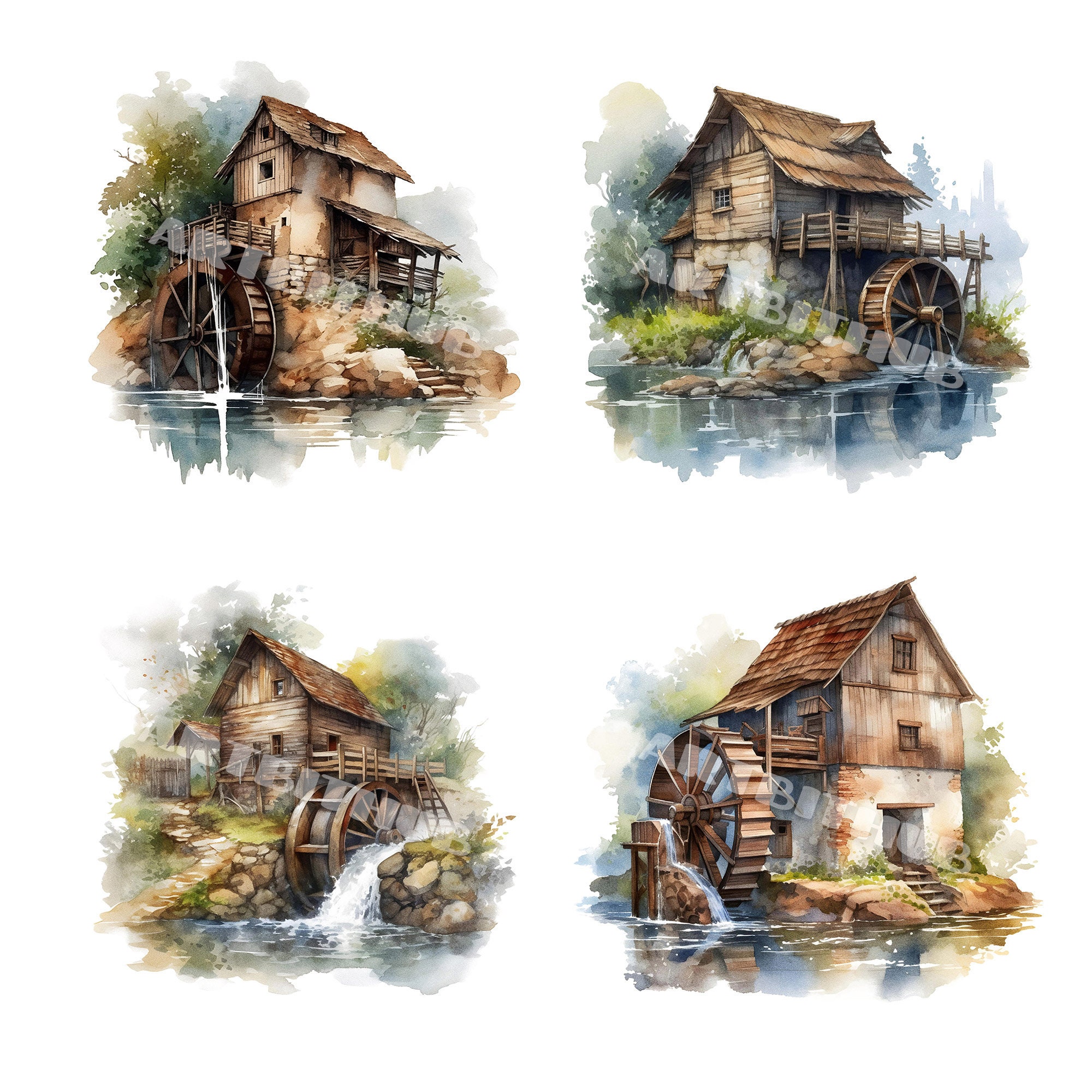 Watermill Clipart | Creek Mill Watercolor JPG Set | Stationery, Wall ...