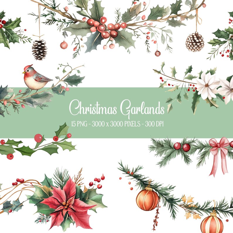 Christmas Garlands Watercolor Clipart | Winter Holidays Greenery PNG ...