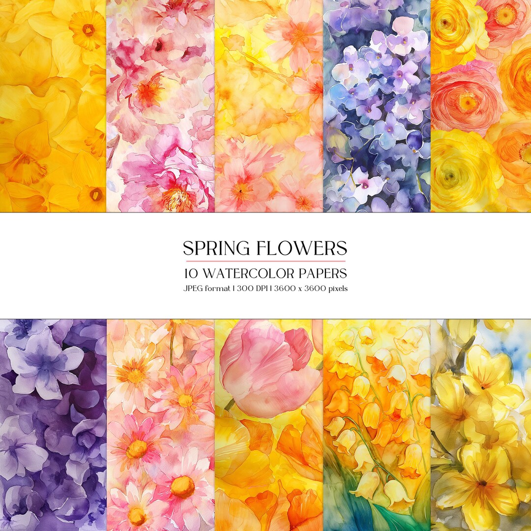 Spring Flowers Watercolor Digital Paper | Tulips Daffodils Hyacinth ...