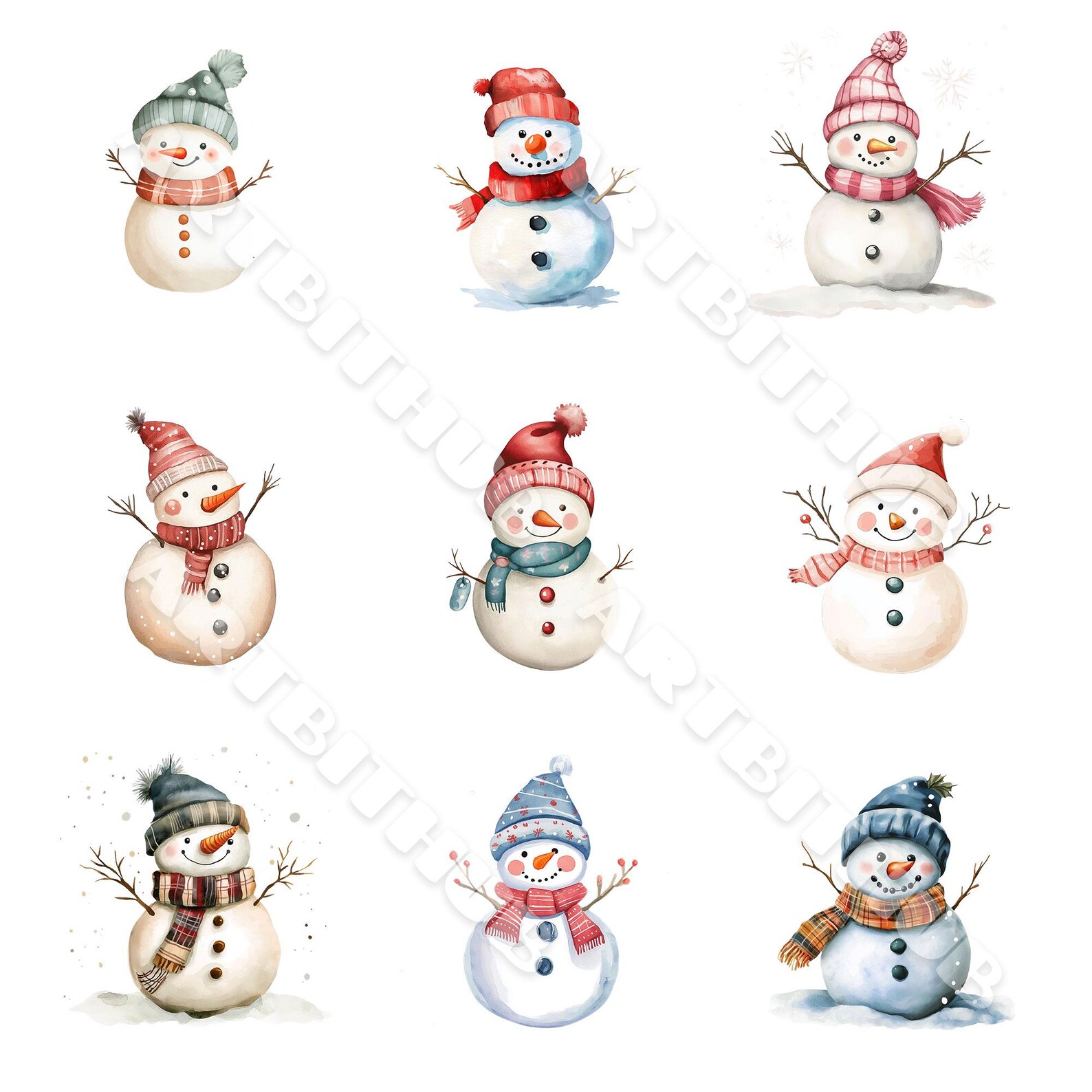 Snowman Watercolor Clipart | Winter Snowball Man PNG Set | Snow Figure ...