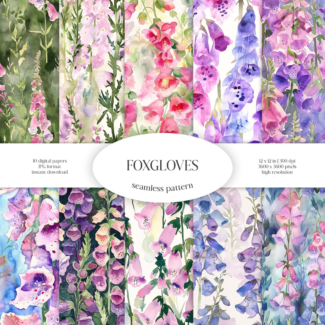 Foxgloves Watercolor Seamless Pattern | Floral & Greenery JPG Digital ...