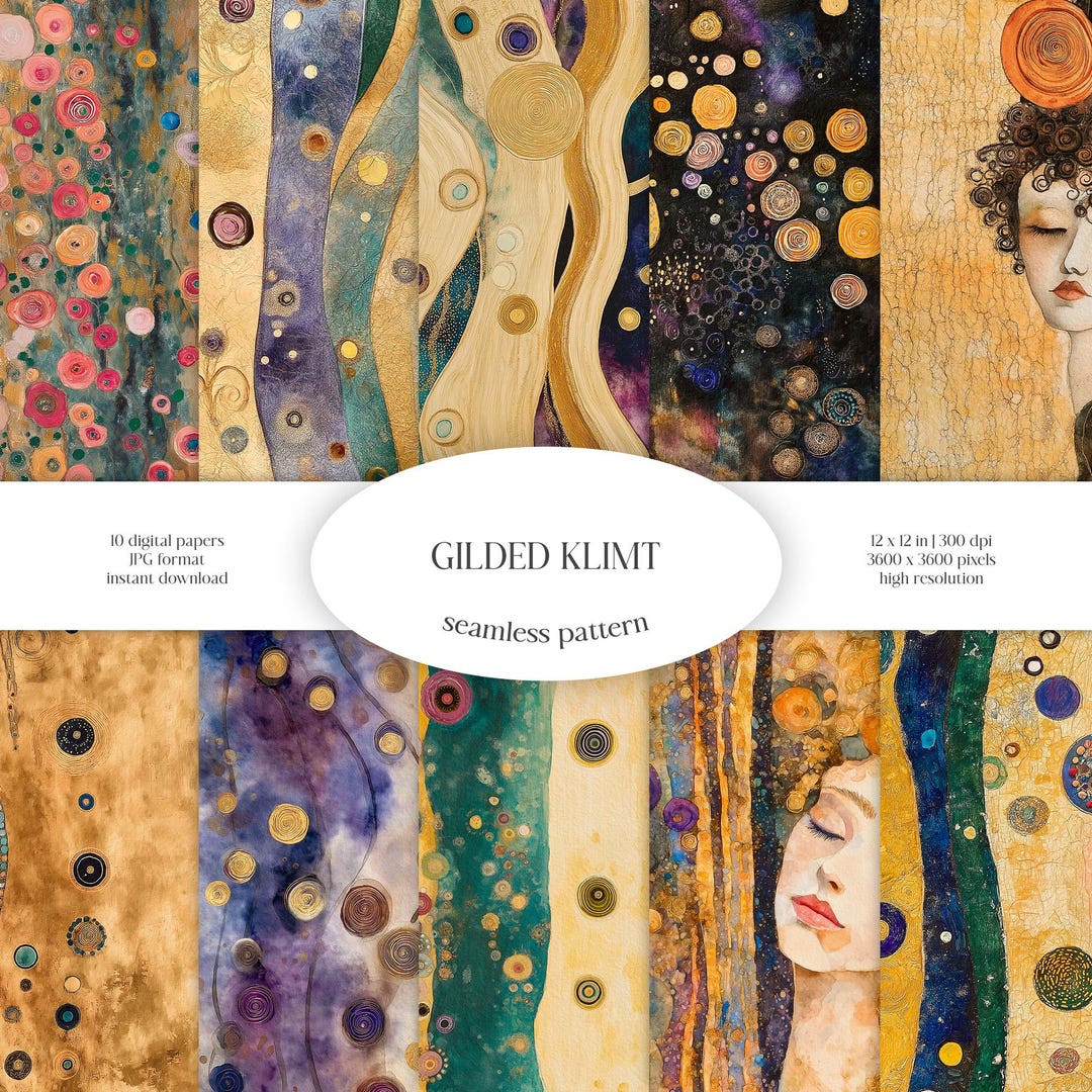 Gilded Gustav Klimt Watercolor Seamless Pattern Symbolism JPG Digital ...